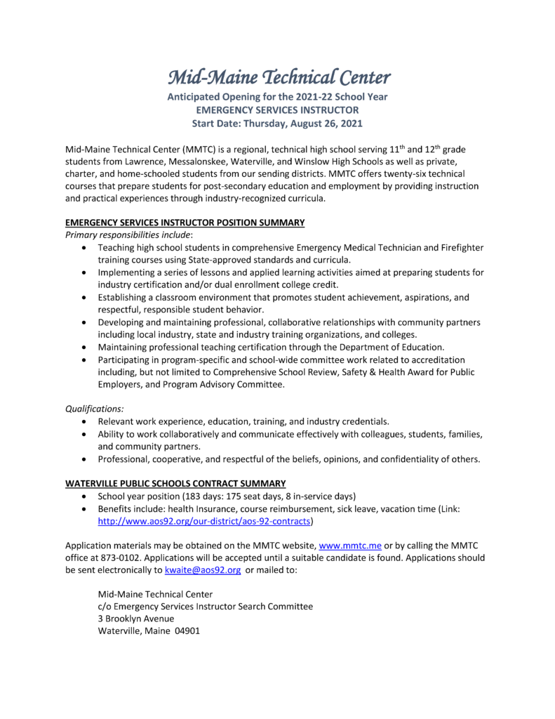 2021-22 ES Posting - Maine Fire Service Institute