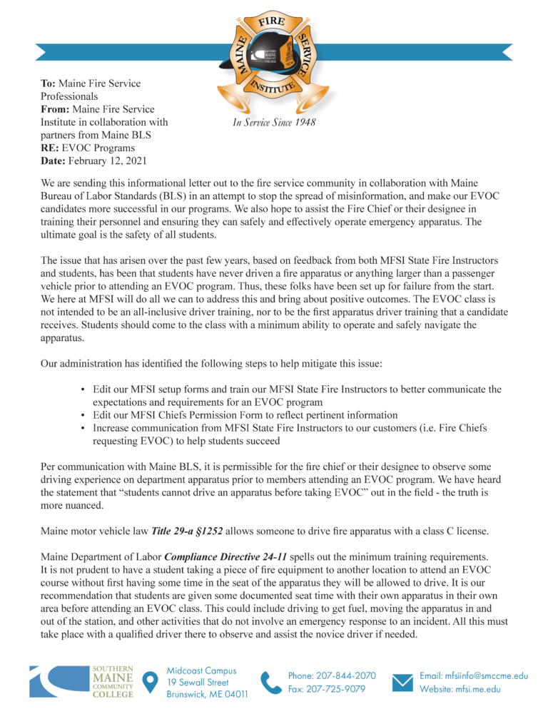 Information Regarding EVOC Program Deliveries - Maine Fire Service ...