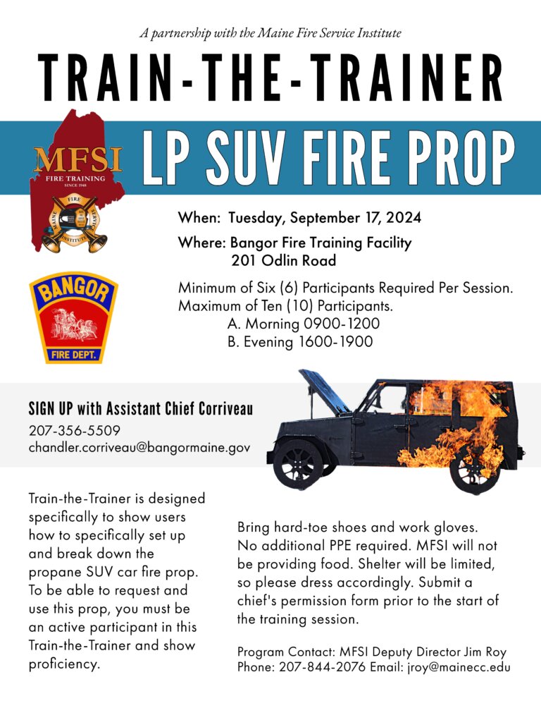 Train-the-Trainer (SUV Car Fire Prop) Bangor - Maine Fire Service Institute